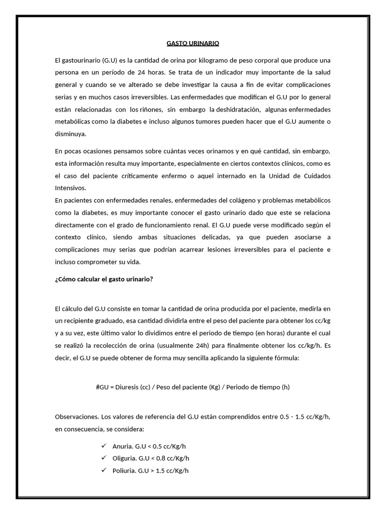 Cálculo y Clasificación del Gasto Urinario | PDF