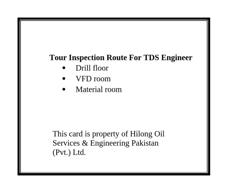 Tour Inspection Route For TDS Engr | PDF