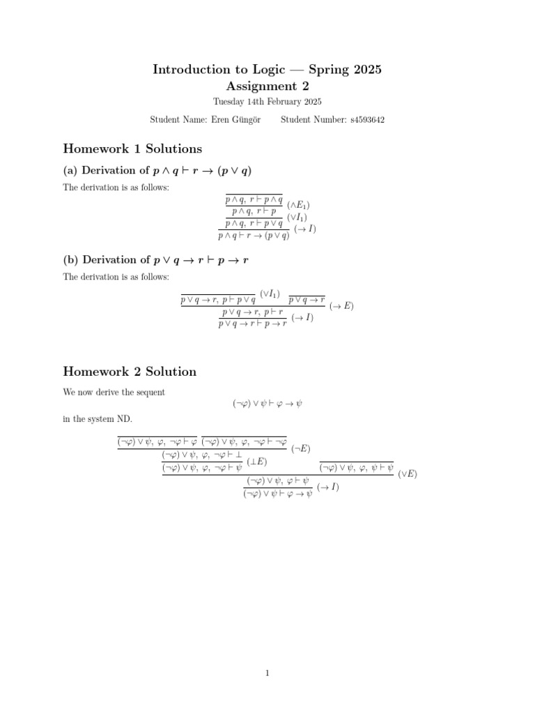 Introduction To Logic - Spring 2025 Assignment 2: (A) Derivation of | PDF