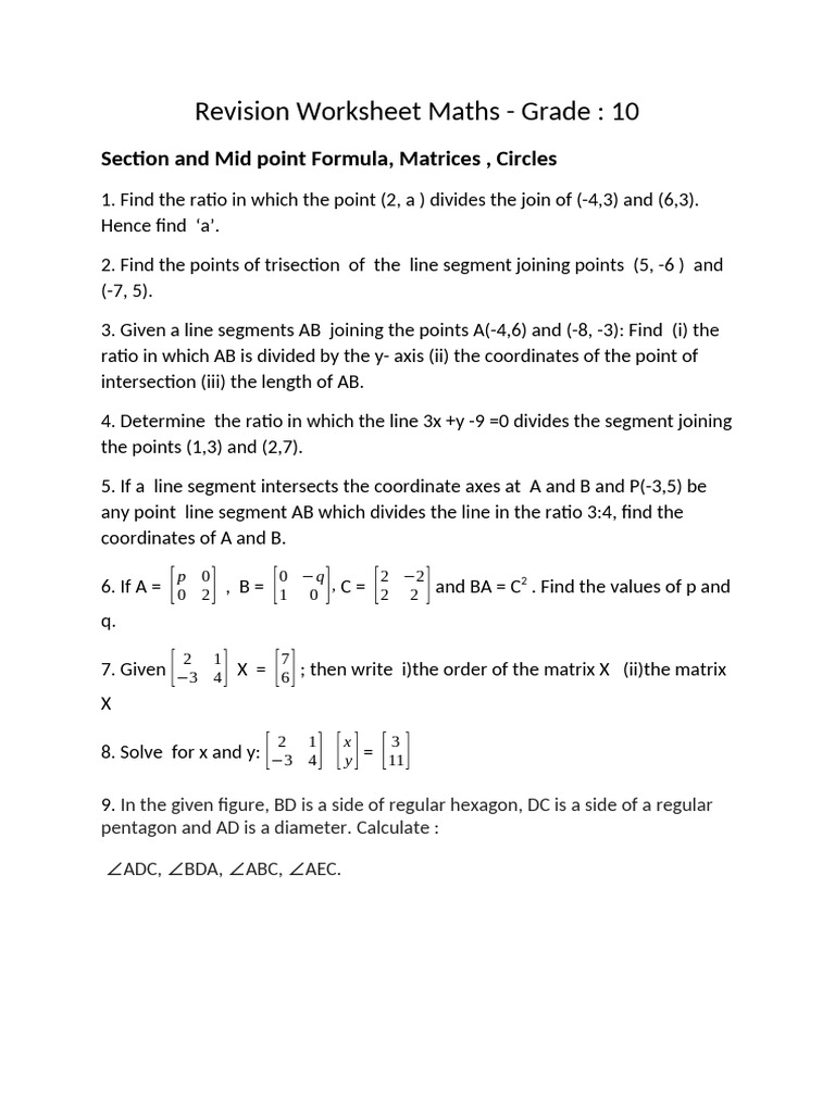 RevisionWS-Section Formula,Circles,Matrices | PDF