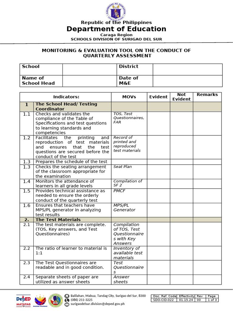 Monitoring Tool Quarterly Exam | PDF | Evaluation Methods | Learning