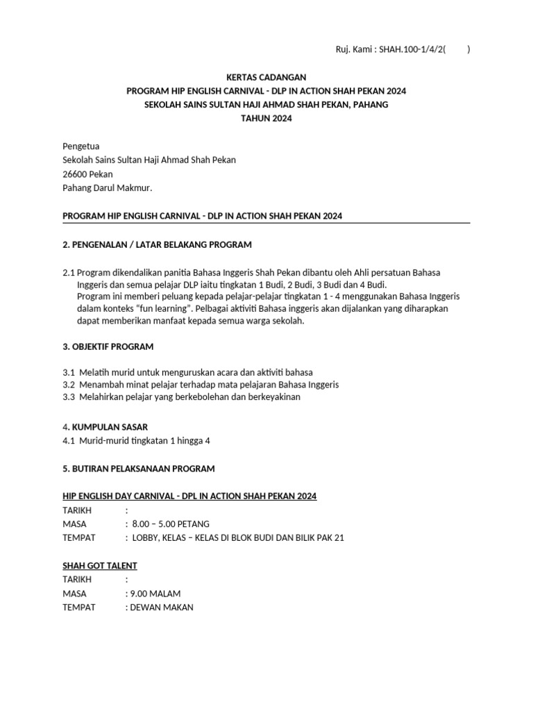 Kertas Cadangan Hip English Carnival - DLP in Action 2024 | PDF