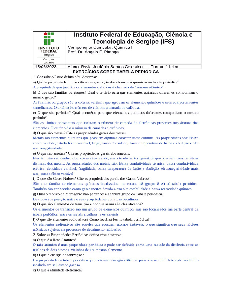Lista de Exercícios Sobre Tabela Periódica 1 Eletro 02 (1) 3 | PDF | Tabela periódica ...