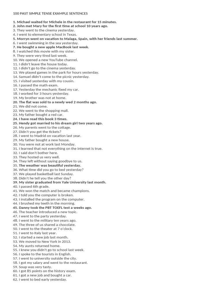 100 PAST SIMPLE TENSE EXAMPLE SENTENCES | PDF