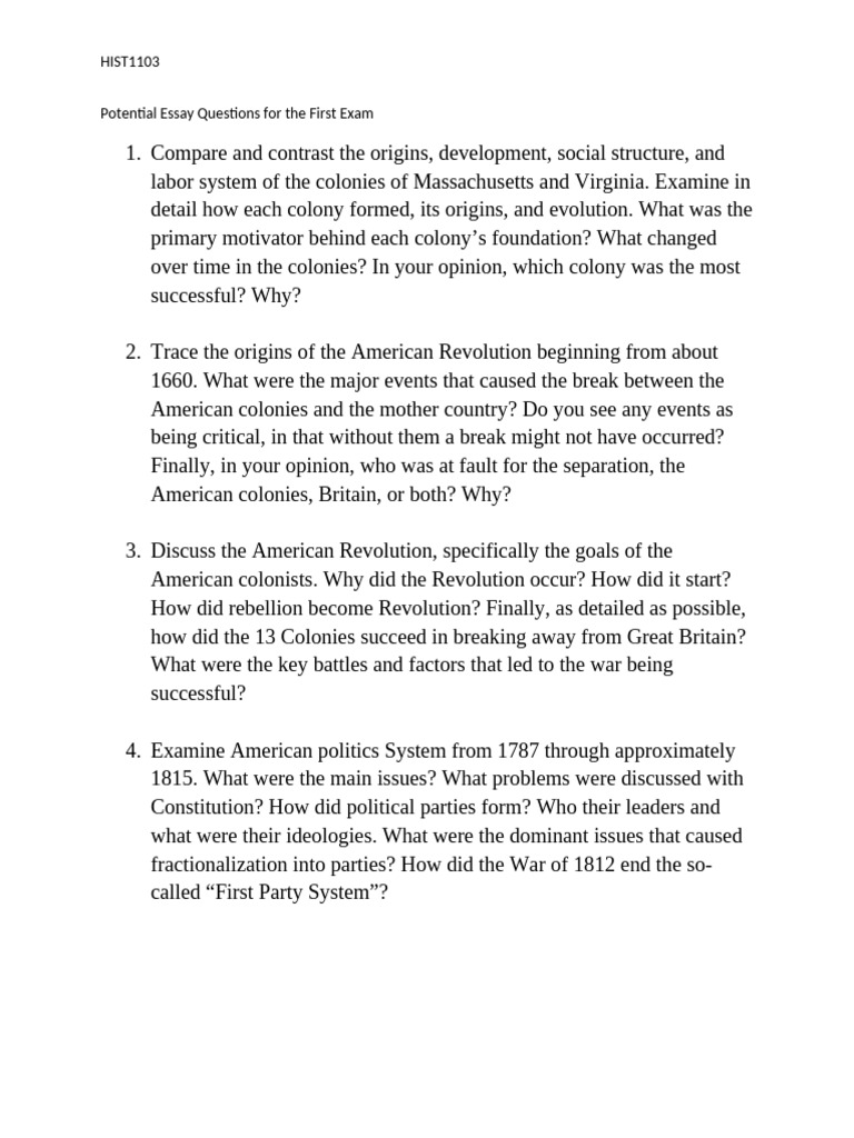 Potential Essay Questions First Exam 1103 | PDF