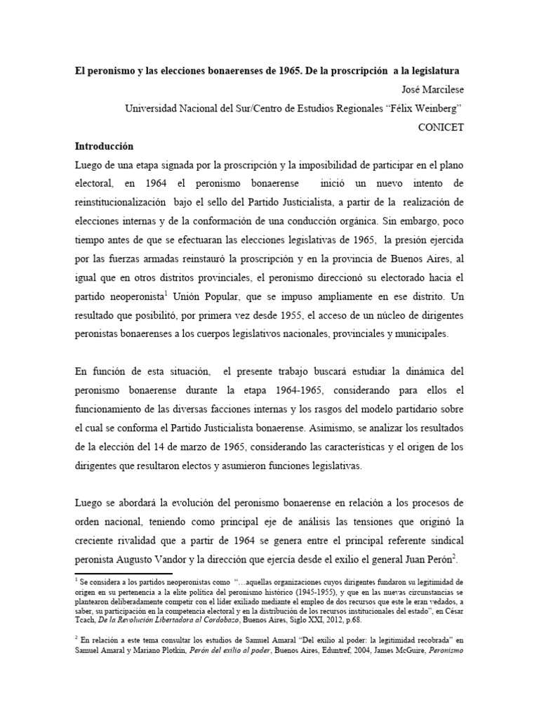 Marcilese El Peronismo y Las Elecciones Bonaerenses de 1965 | PDF ...