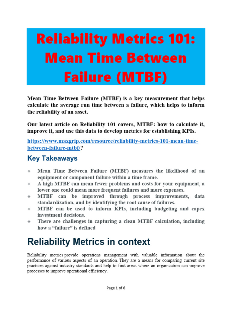 Reliability Metrics 101 Mean Time Between Failure MTBF 1649349981 | PDF ...