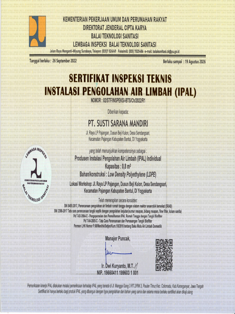 Sertifikat IPAL Individual SANFAB | PDF