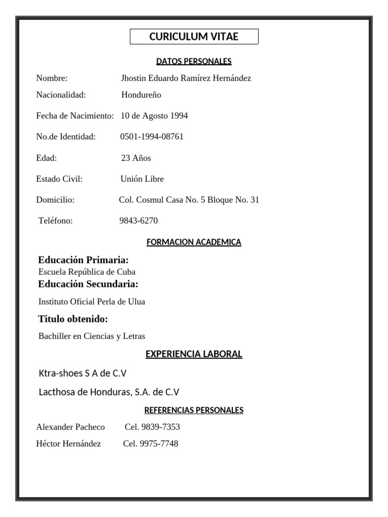 Curriculum Vitae de Jhostin Ramírez | PDF