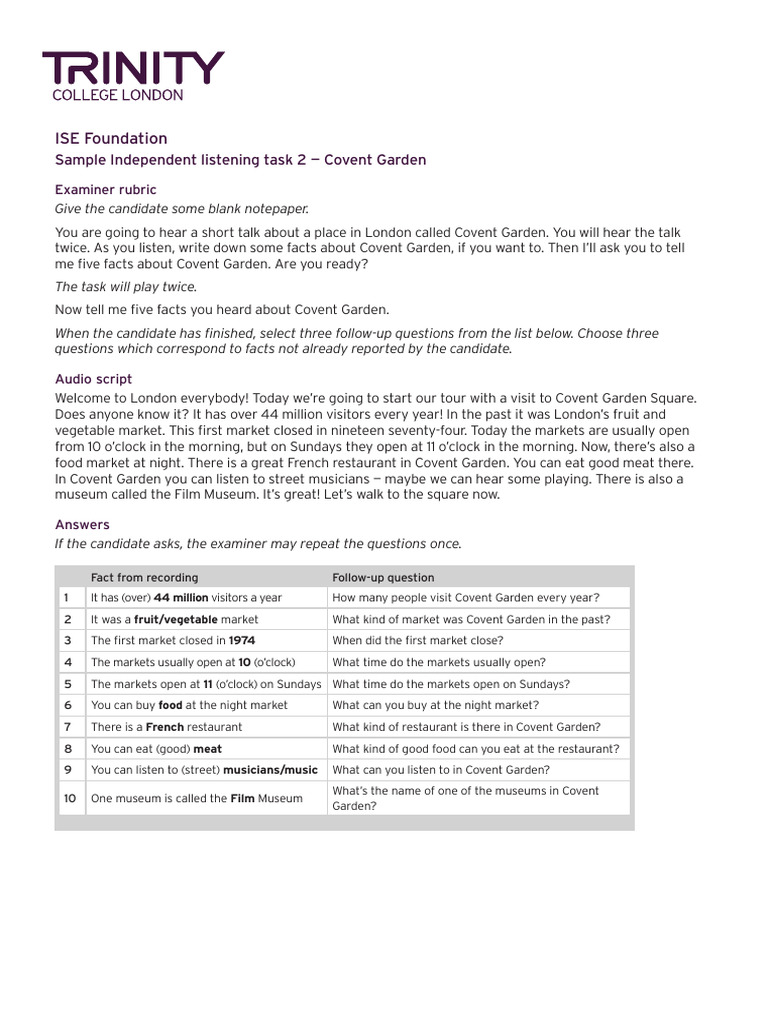 Covent Garden - ISE Foundation Task 2 Rubric and Answers | PDF
