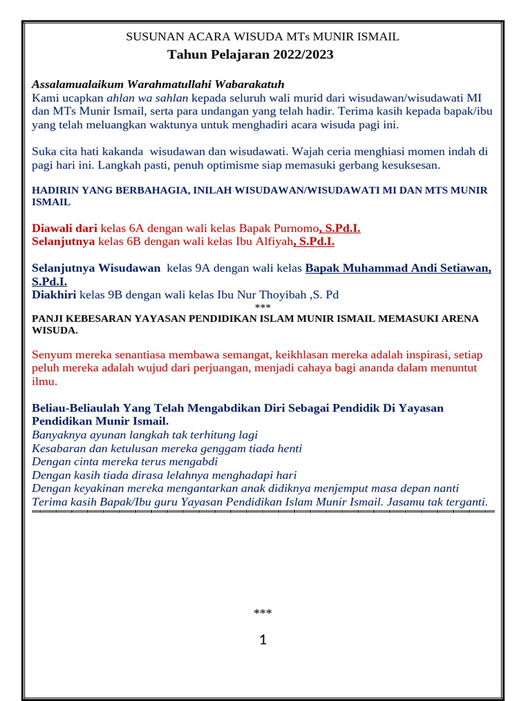 Susunan Acara Wisuda Munis 2023 - Edit | PDF