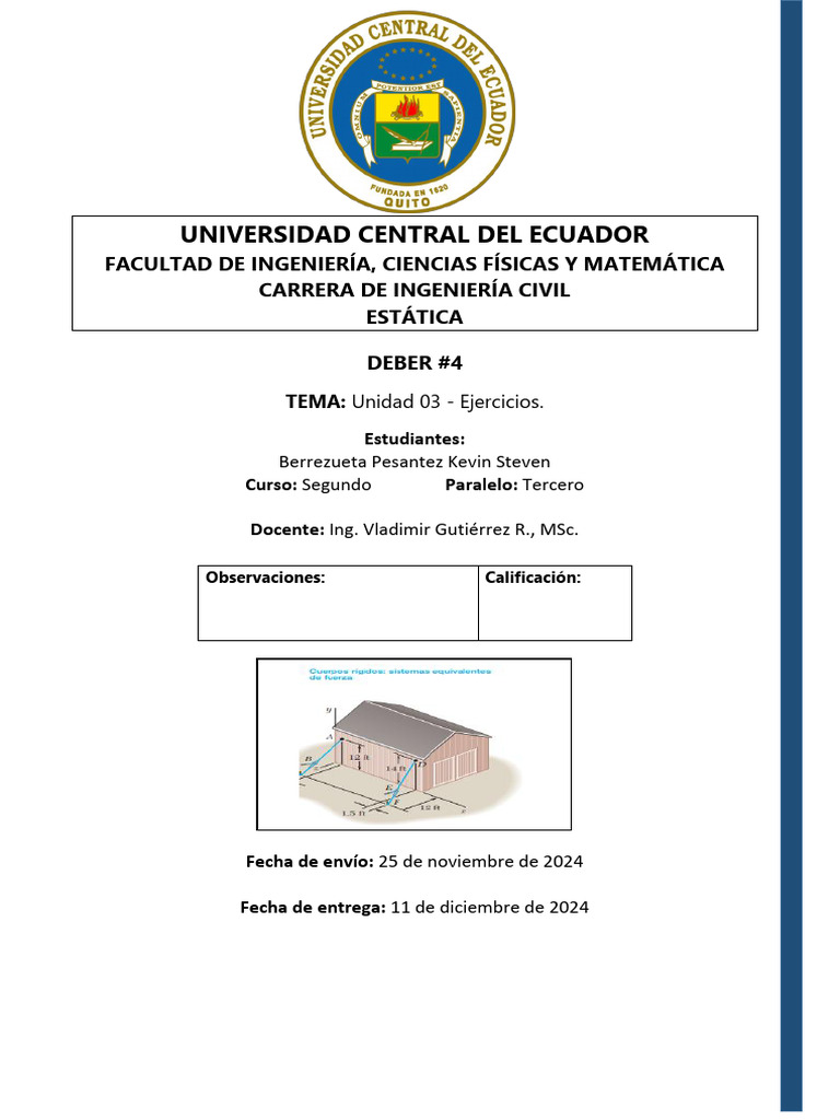Deber 4 Ejersicios -Kevin Berrezueta, Estática | PDF