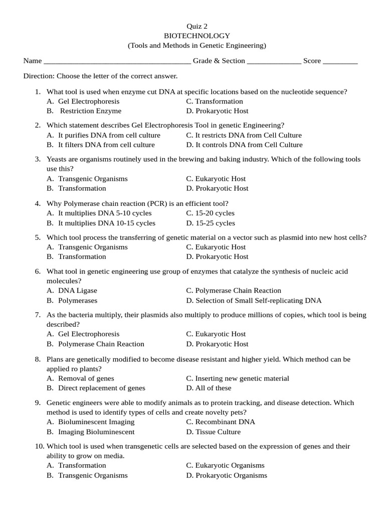 Quiz 2 Biotechnology | PDF | Dna | Genetic Engineering