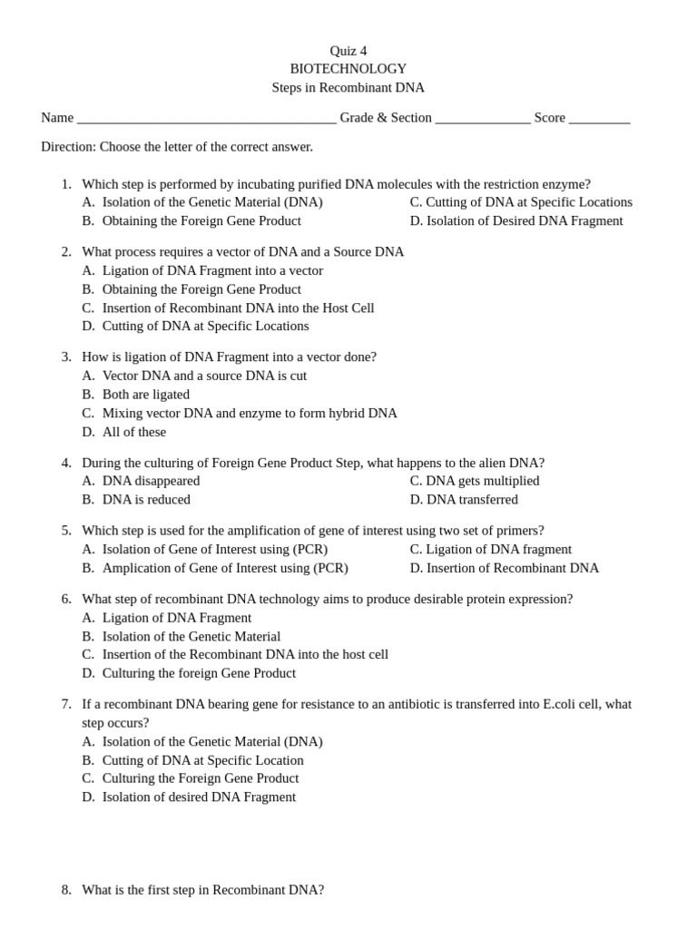Quiz 4 Biotechnology | PDF | Plasmid | Dna
