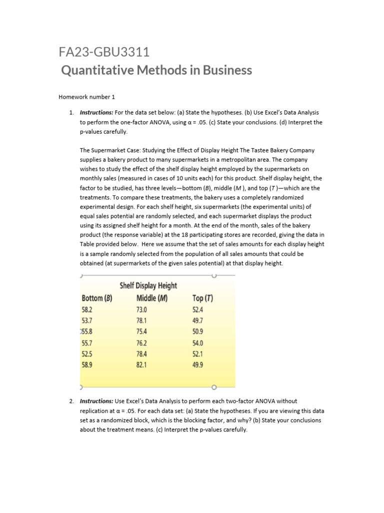 GBU 3311 02 03 HW1 Fall 2023 | PDF | Analysis Of Variance | P Value