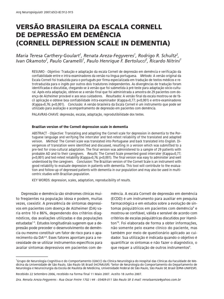 Versão Brasileira Da Escala Cornell de Depressão em Demência (Cornell ...