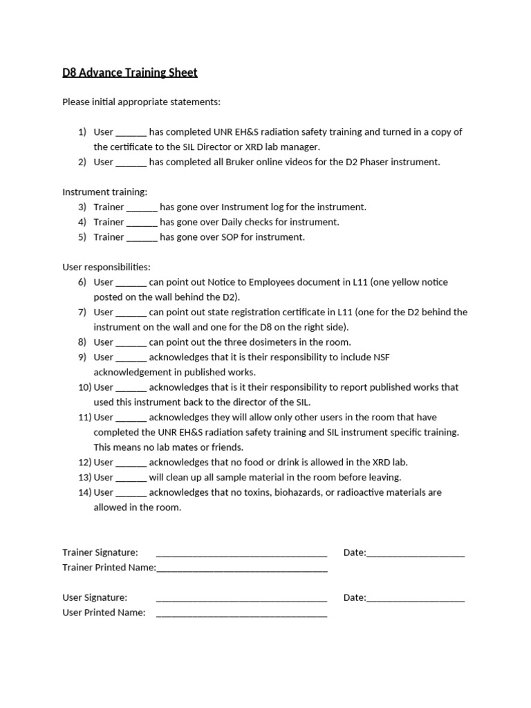 D8 Advance Training Sheet | PDF