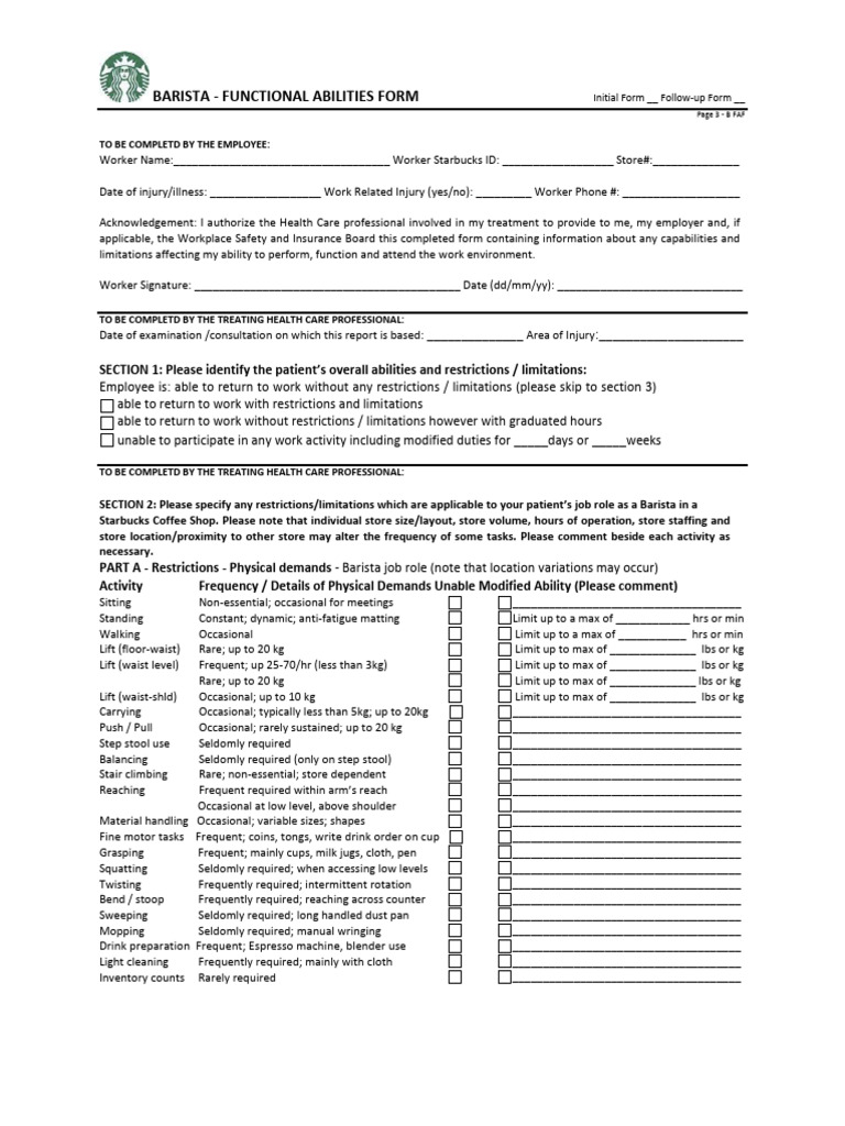 Barista Functional Abilities Assessment Form | PDF | Health ...