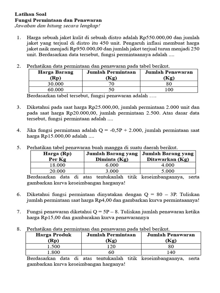 Latihan Soal Permintaan dan Penawaran | PDF