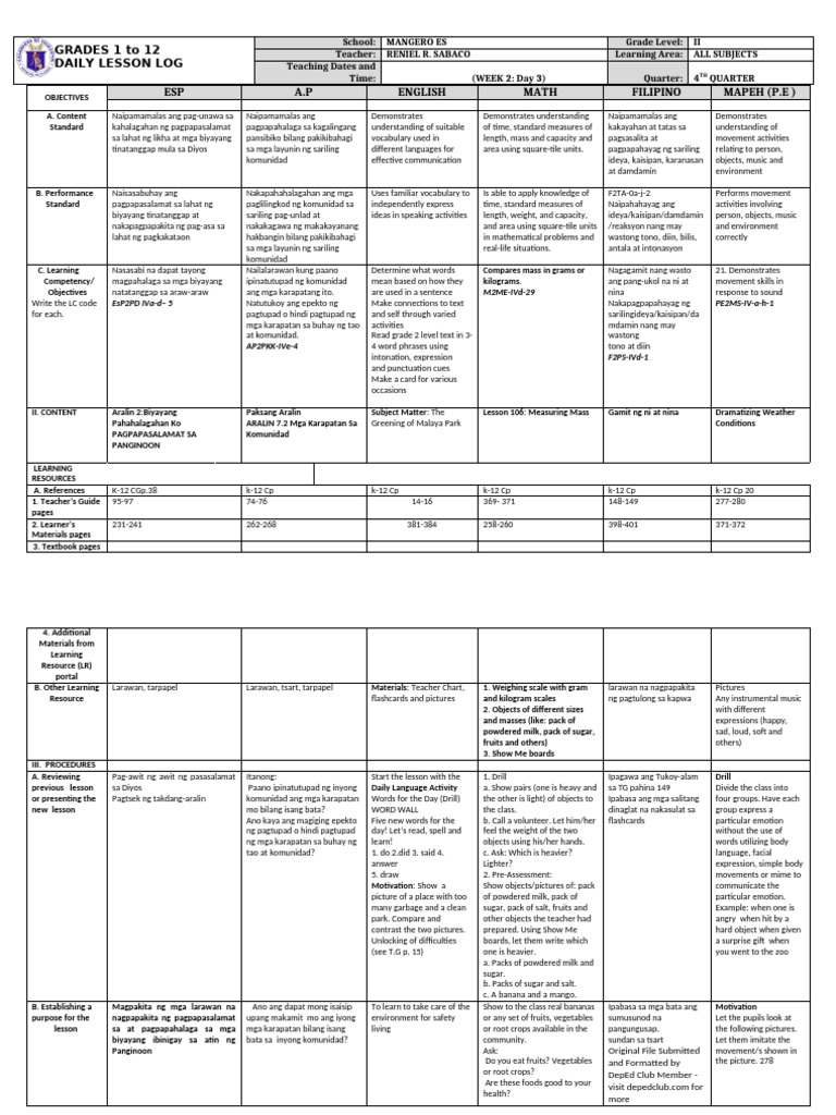 DLL - All Subjects 2 - Q4 - W2 - D3 | PDF