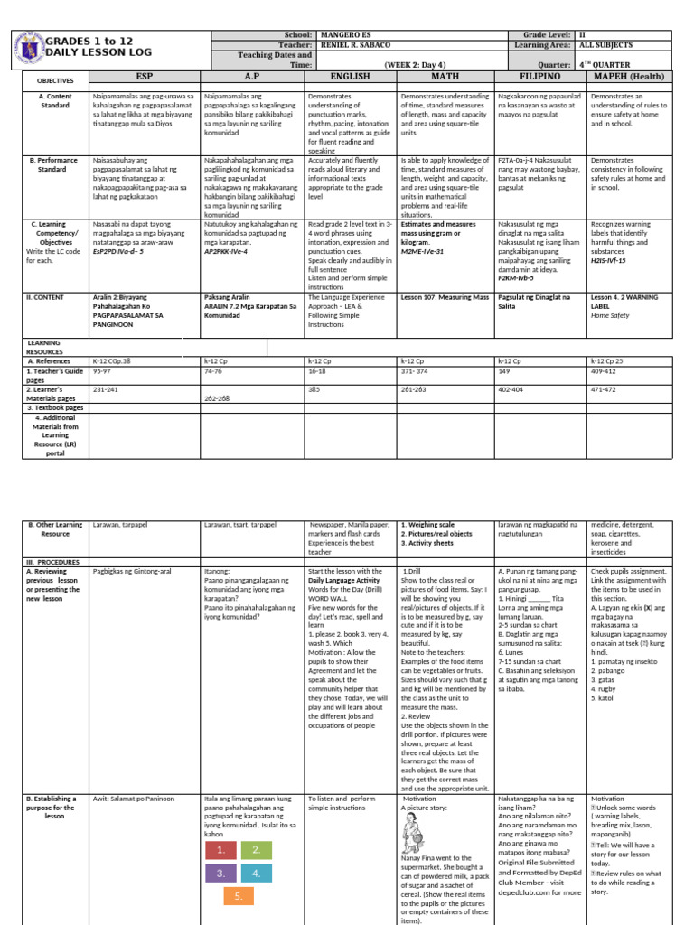 DLL_ALL SUBJECTS 2_Q4_W2_D4 | PDF