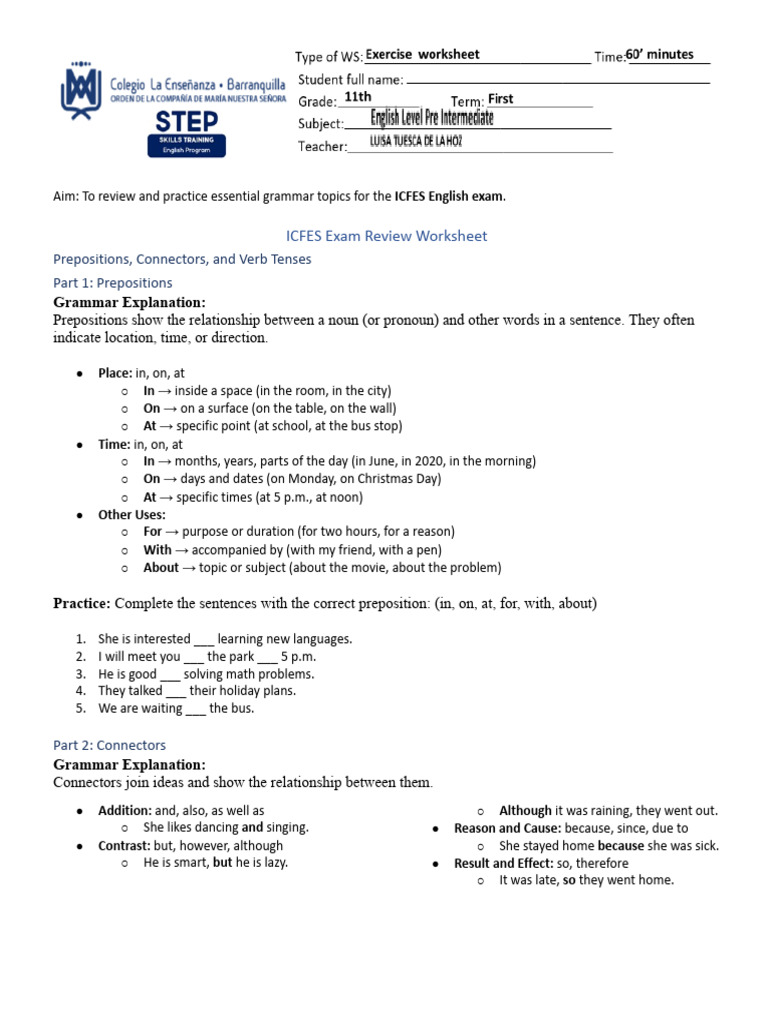 Icfes worksheet.docx | PDF | Verb | Subject (Grammar)