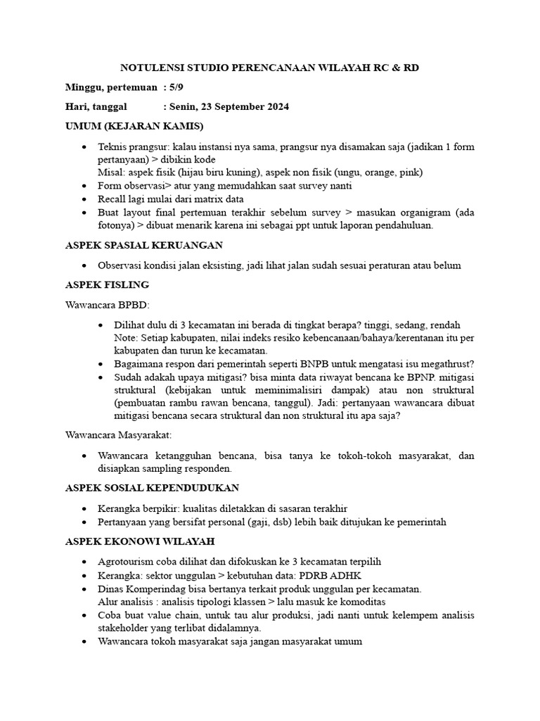 Notulensi Studio Perencanaan Wilayah RC 5 | PDF