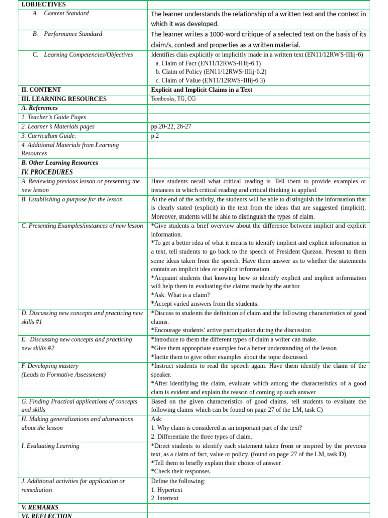 RWS11.2.2Explicit and Implicit Claims of Text | PDF | Learning ...