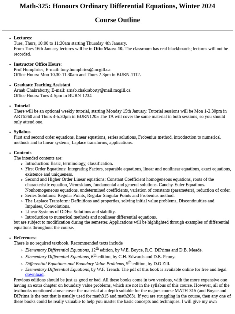 Math 325 Course Outline | PDF | Equations | Ordinary Differential Equation