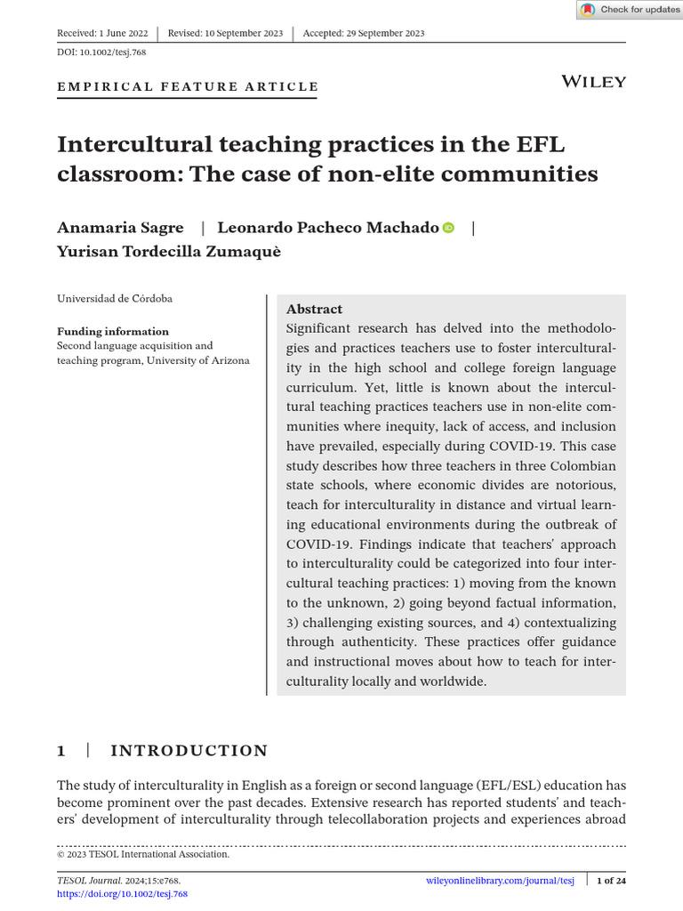 TESOL Journal - 2023 - Sagre - Intercultural teaching practices in the ...