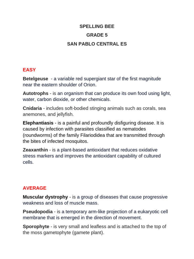 Grade 5 Spelling Bee Vocabulary List | PDF