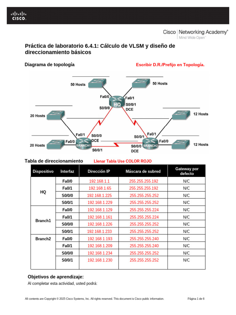A.6.4.1 Cálculo de VLSM y Diseño de Direccionamiento Básico. | PDF | Dirección IP | Protocolos ...