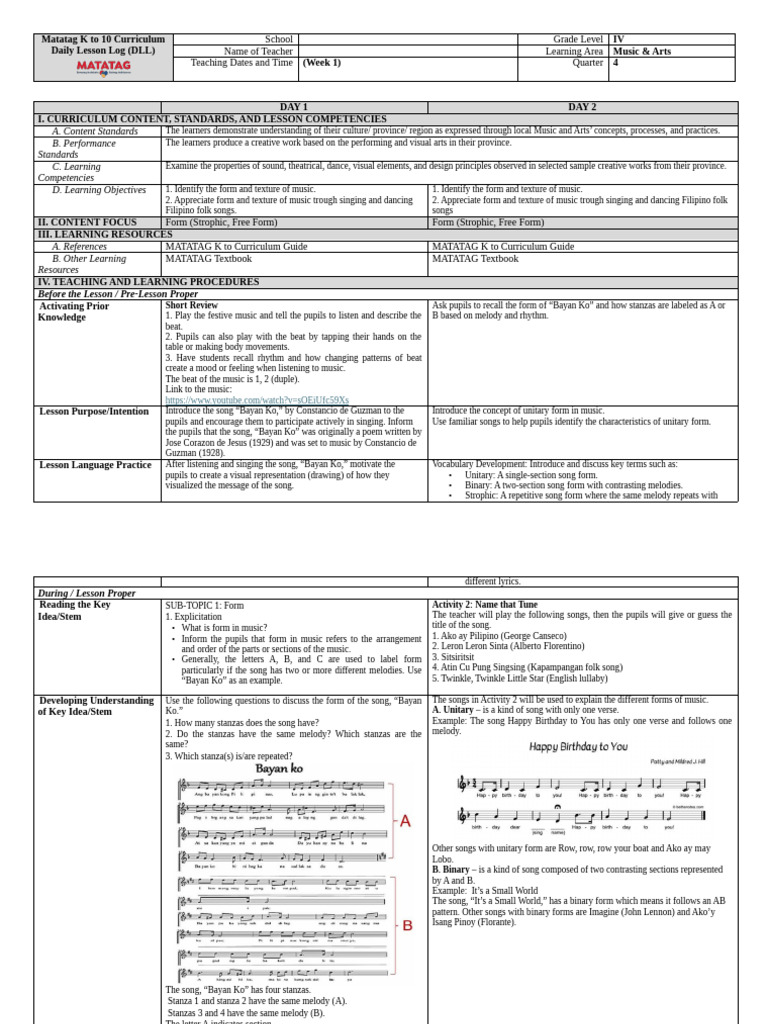 Music & Arts Lesson Plan for Grade IV | PDF | Songs | Curriculum