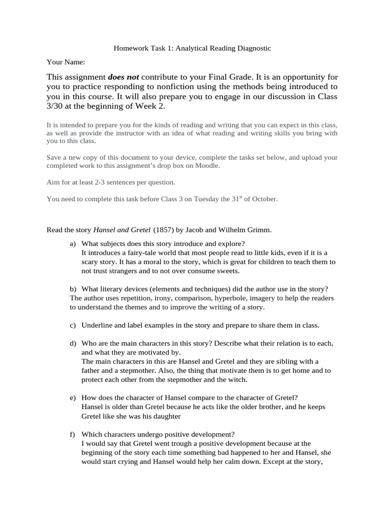 Homework Task 1 Analytical Reading Diagnostic F.21 | PDF | Hansel And ...