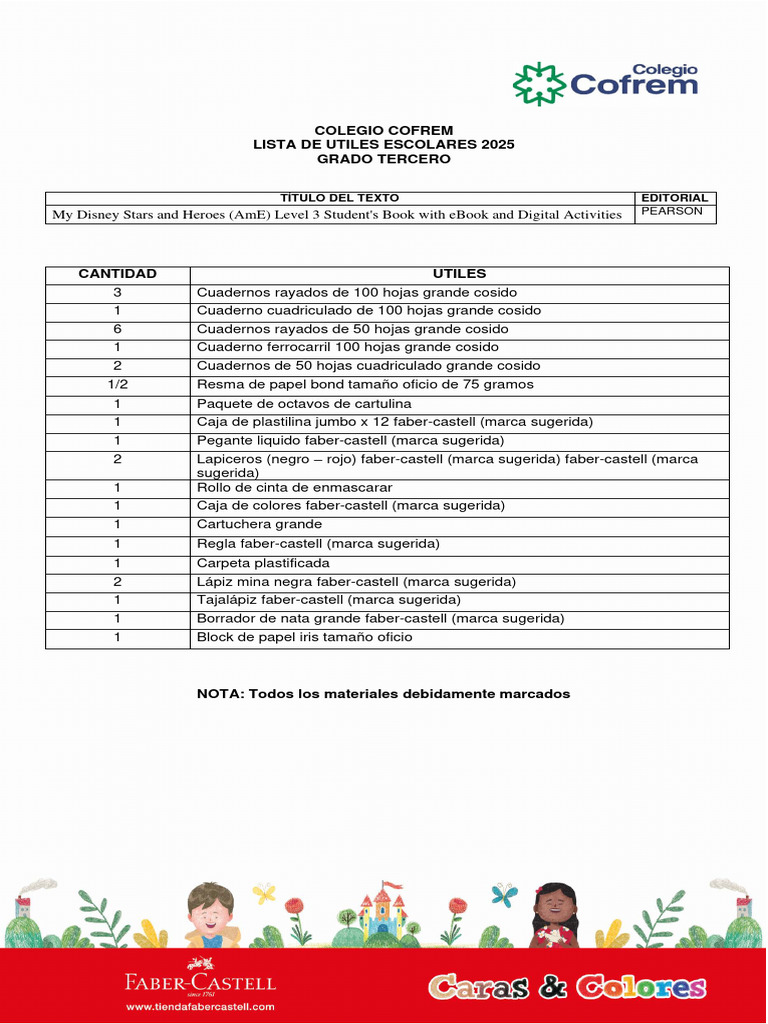 Colegio Cofrem Lista de Utiles Escolares 2025 Grado Tercero | PDF