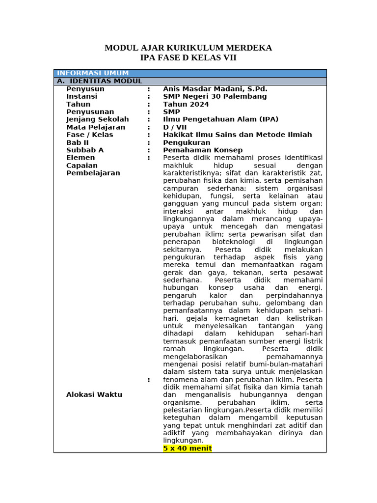 2. Modul Ajar Pengukuran, Gerak Dan Gaya Anis Masdar Madani Bab i Ipa | PDF