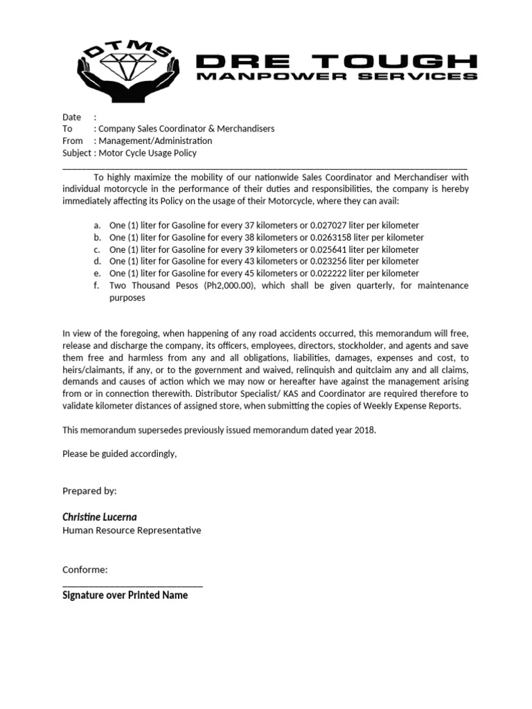 Motorcycle Usage Policy for Sales Staff | PDF