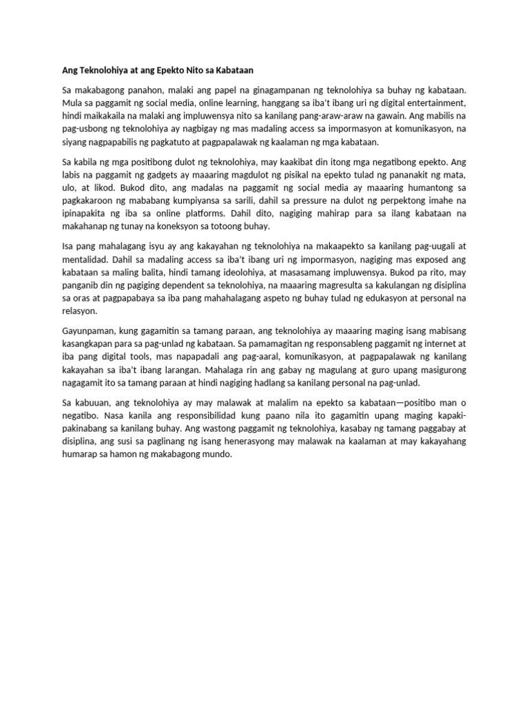 Ang Teknolohiya at Ang Epekto Nito Sa Kabataan | PDF