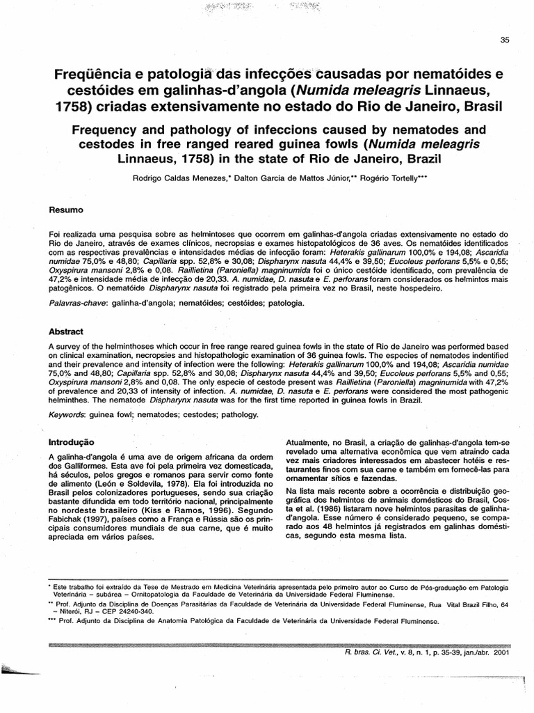 Freqüência e Patologia Das Infecções Causadas Por Nematóides e ...