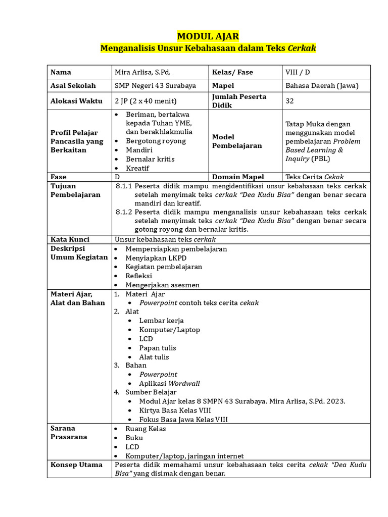 8.1 Modul Ajar Cerkak - TTD | PDF
