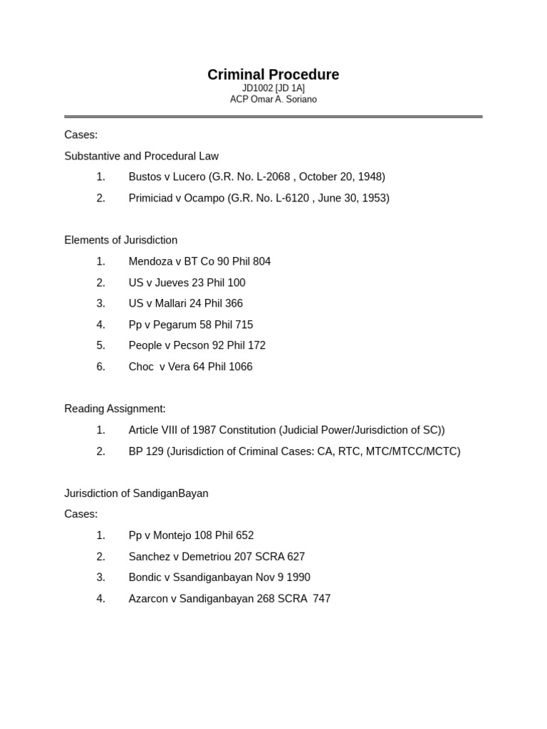 Criminal Procedure JD 1A Reading Assigment 1 | PDF