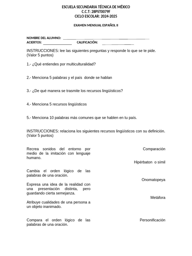 EXAMEN MENSUAL ESPAÑOL 2 GRADO | PDF | Lingüística