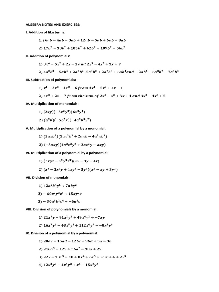 Basic Algebra Exercises | PDF | Subtraction | Polynomial