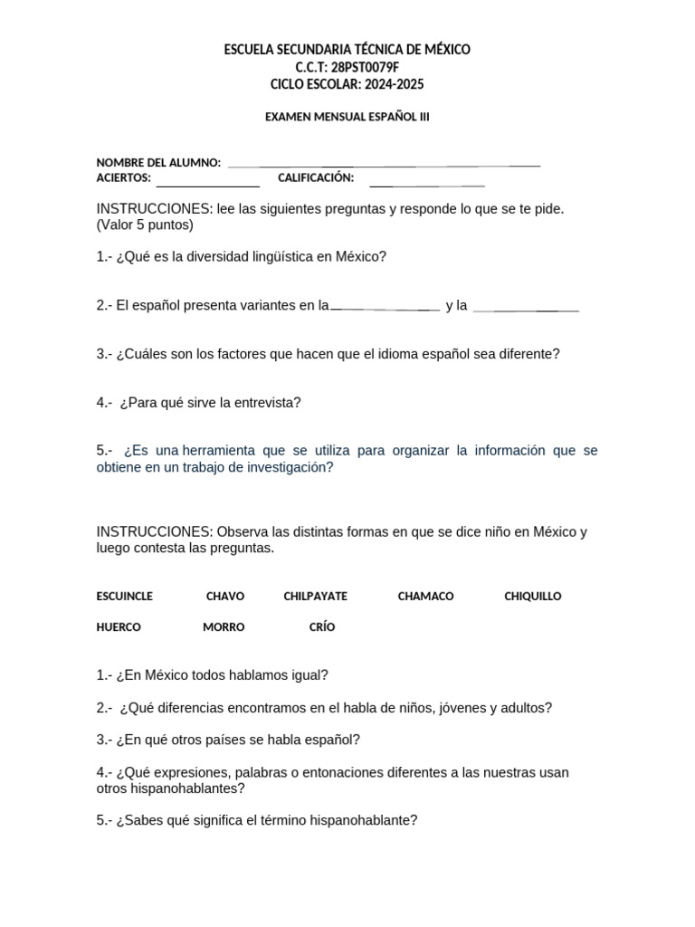 EXAMEN MENSUAL ESPAÑOL 3 GRADO | PDF
