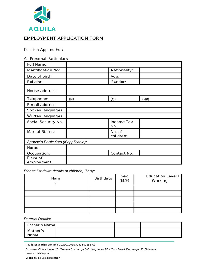 Aquila Education Employment Application Form | PDF