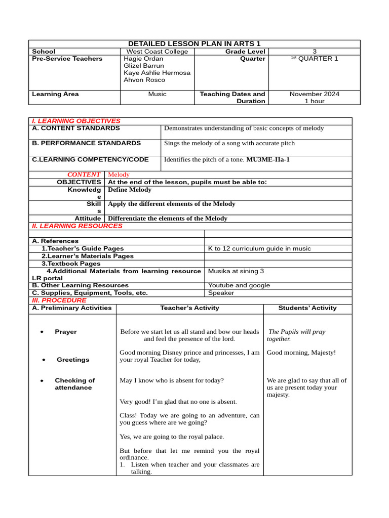 Grade 3 Music Lesson Plan: Melody | PDF | Pitch (Music) | Melody