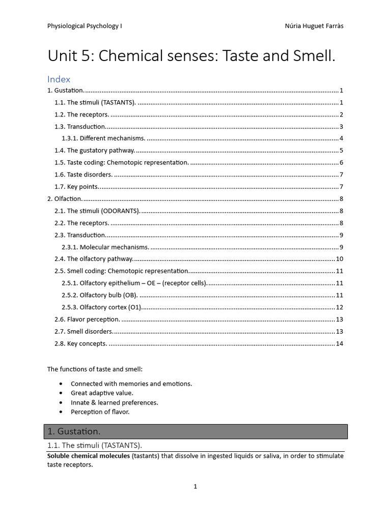 Unit 5. Chemical Senses. Taste and Smell | PDF | Taste | Senses