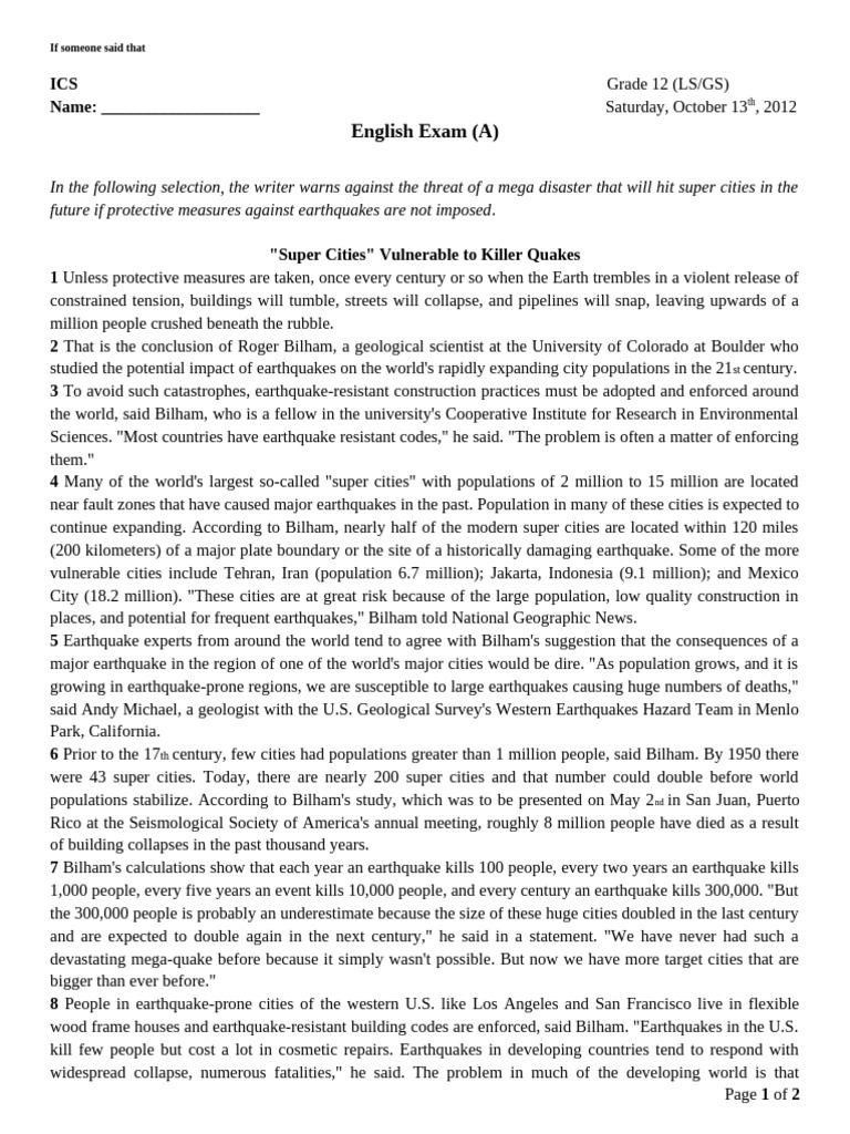 Reading Comprehension Test Tests - 43278 | PDF | Earthquakes | Seismology