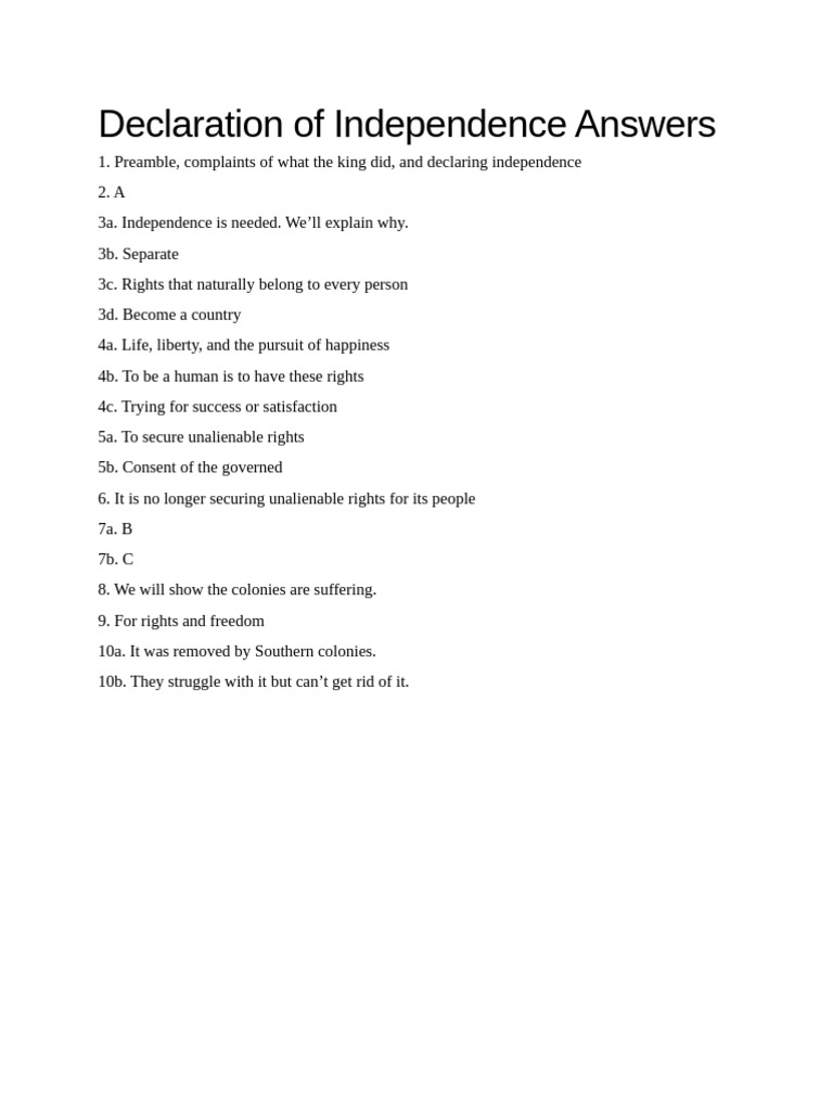 Declaration of Independence Answers | PDF