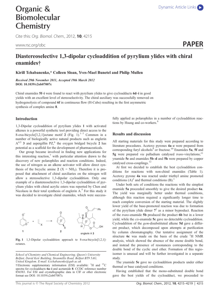 Diastereoselective 1,3-Dipolar Cycloaddition of Pyrylium Ylides With ...